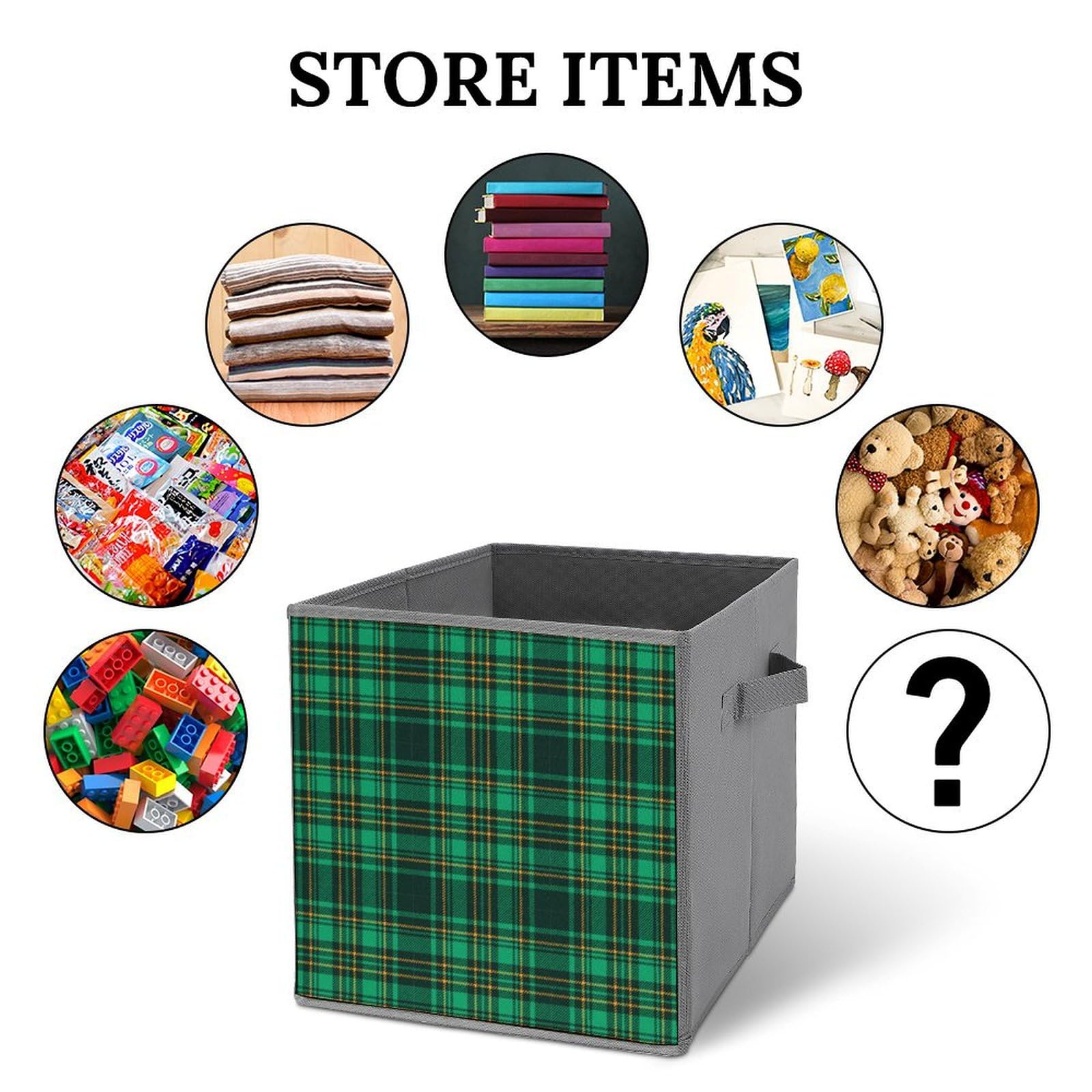 CWECVWE Fabric Storage Cubes Green Scottish Tartan Plaid, Pack of 2 Foldable Storage Bins with Handles for Organizing Pantry, Closet, Shelf, Toy Box, Cubby