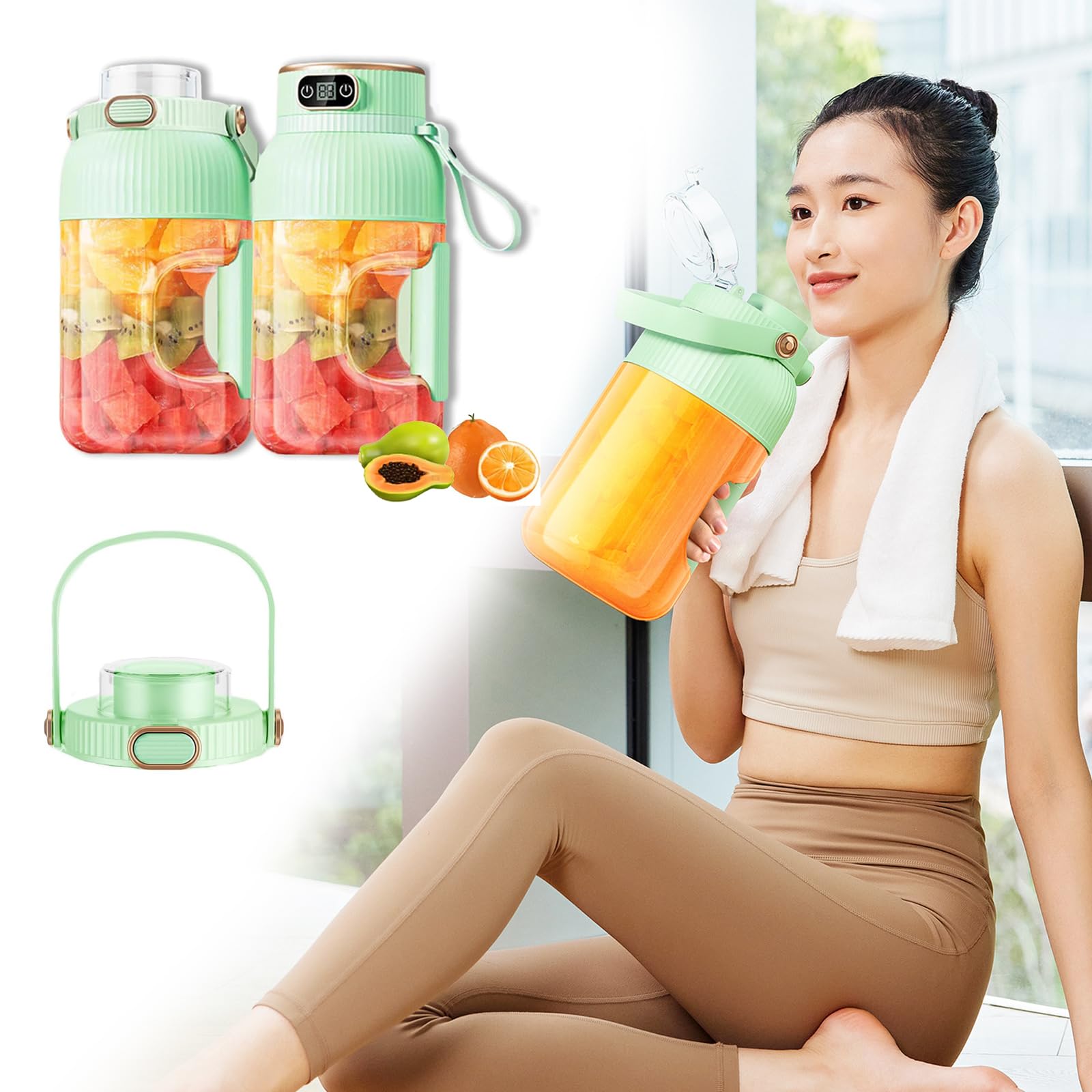 Multifunctional Portable Juicer Cup with Digital Display,USB Rechargeable Mini Portable Juicer,Personal Blender, Juice Cup Blender,Perfect For Smoothies, Shakes (A, Double cup double lid)