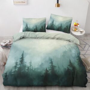 misty forest duvet cover queen size | pine tree woodland landscape bedding set | 3 piece | soft microfiber patterned comforter cover with zipper ties & 2 pillowcases | foggy mountain bedroom decor