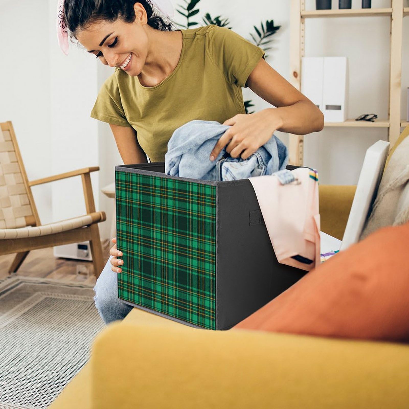 CWECVWE Fabric Storage Cubes Green Scottish Tartan Plaid, Pack of 2 Foldable Storage Bins with Handles for Organizing Pantry, Closet, Shelf, Toy Box, Cubby