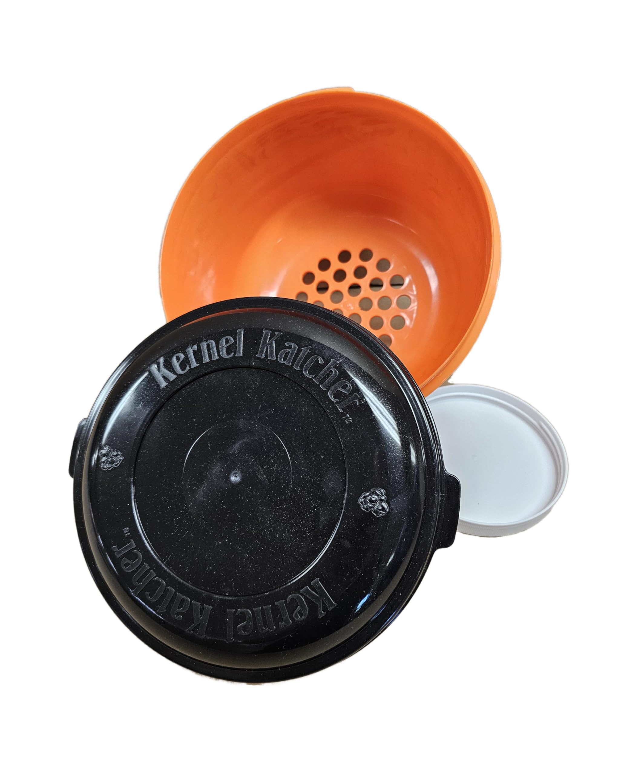 APSI Store Kernel Katcher Popcorn Bowl Set - Popcorn Sifter Shaker Kernel Catcher and Separator, Large and Reusable With Lid, Dishwasher Safe, Recycled Plastic with Handle (Orange and Black)