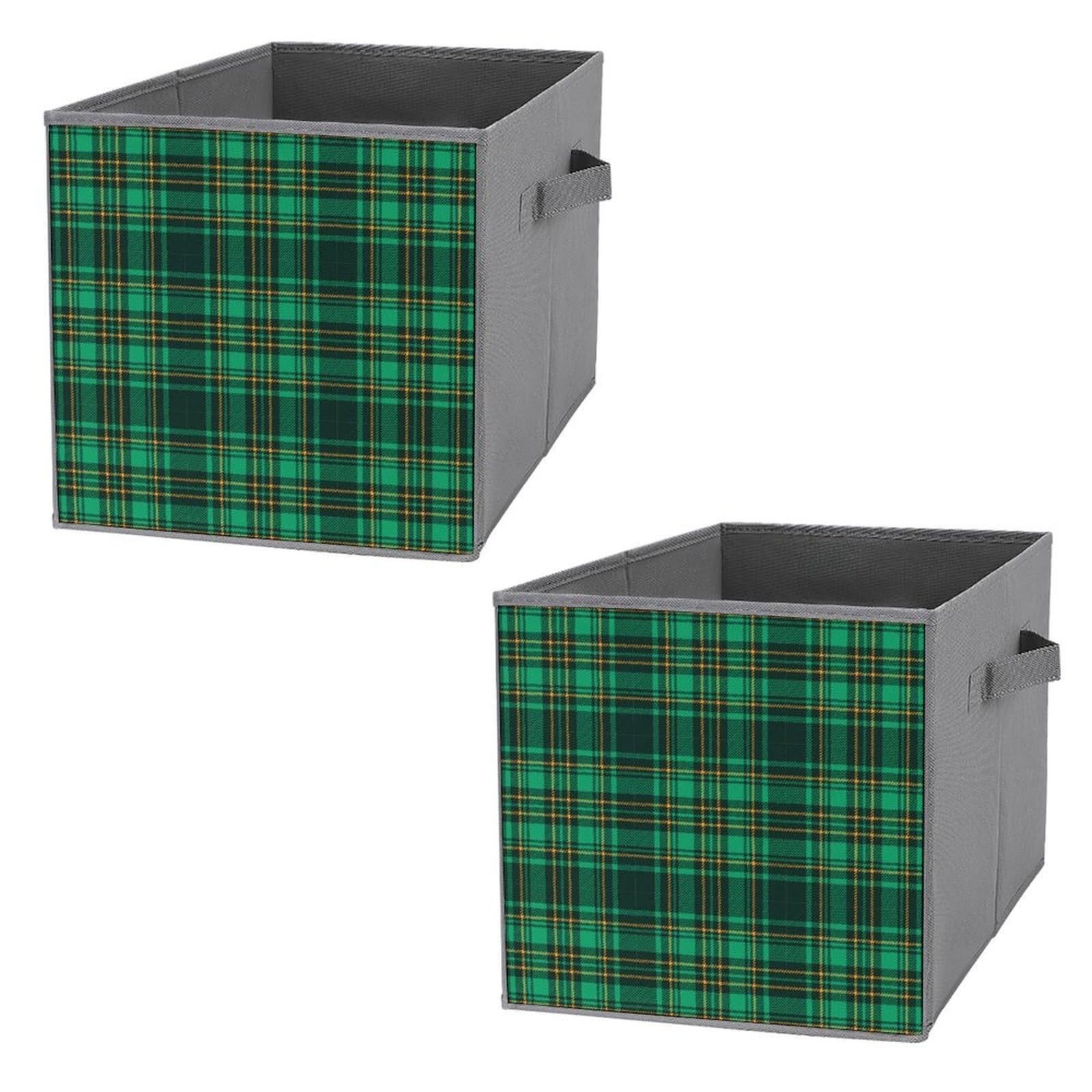 CWECVWE Fabric Storage Cubes Green Scottish Tartan Plaid, Pack of 2 Foldable Storage Bins with Handles for Organizing Pantry, Closet, Shelf, Toy Box, Cubby