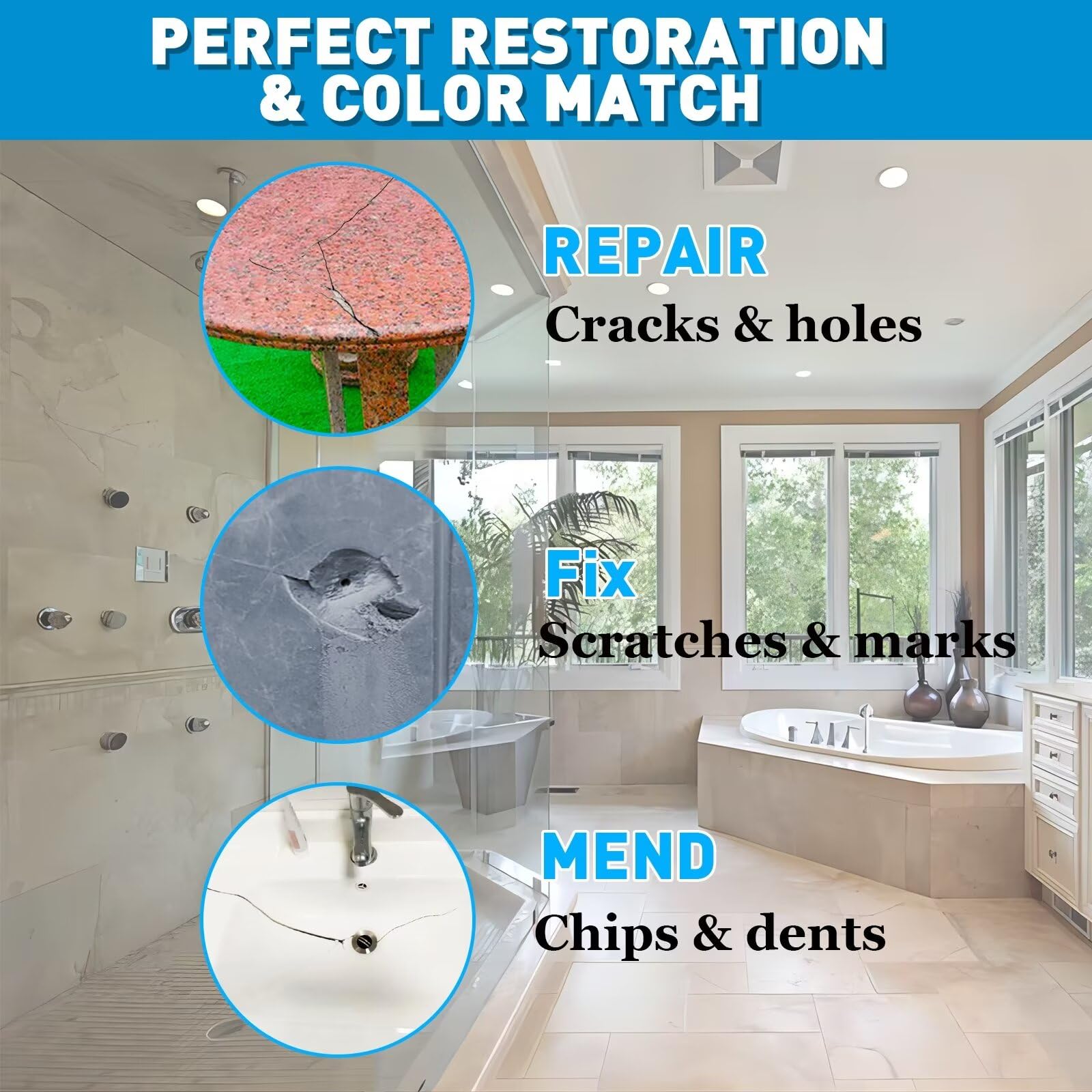 Tile & Fiberglass Quartz Countertop Repair Kit (Color Match), Granite & Tub Repair Kit, 4 oz Porcelain Sink Mable Chip Repair Kit for Cracks Chips Dents Holes Almond Biscuit Bone (Multicolored)