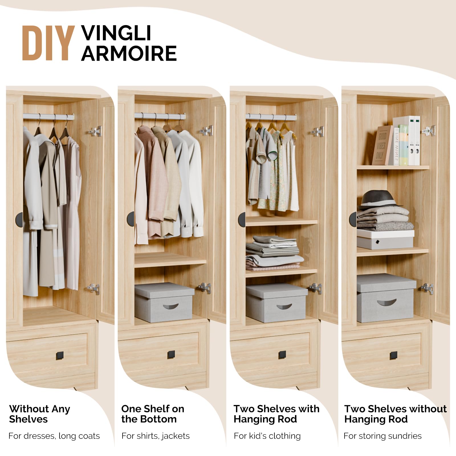 VINGLI Wardrobe Closet, Armoires and Wardrobes with Doors,Hanging Rod, Shelves and Drawer, Freestanding Closet Wardrobe Cabinet, Oak Armoire Wardrobe for Bedroom, Dorm, 38" W x 21" D x 65" H