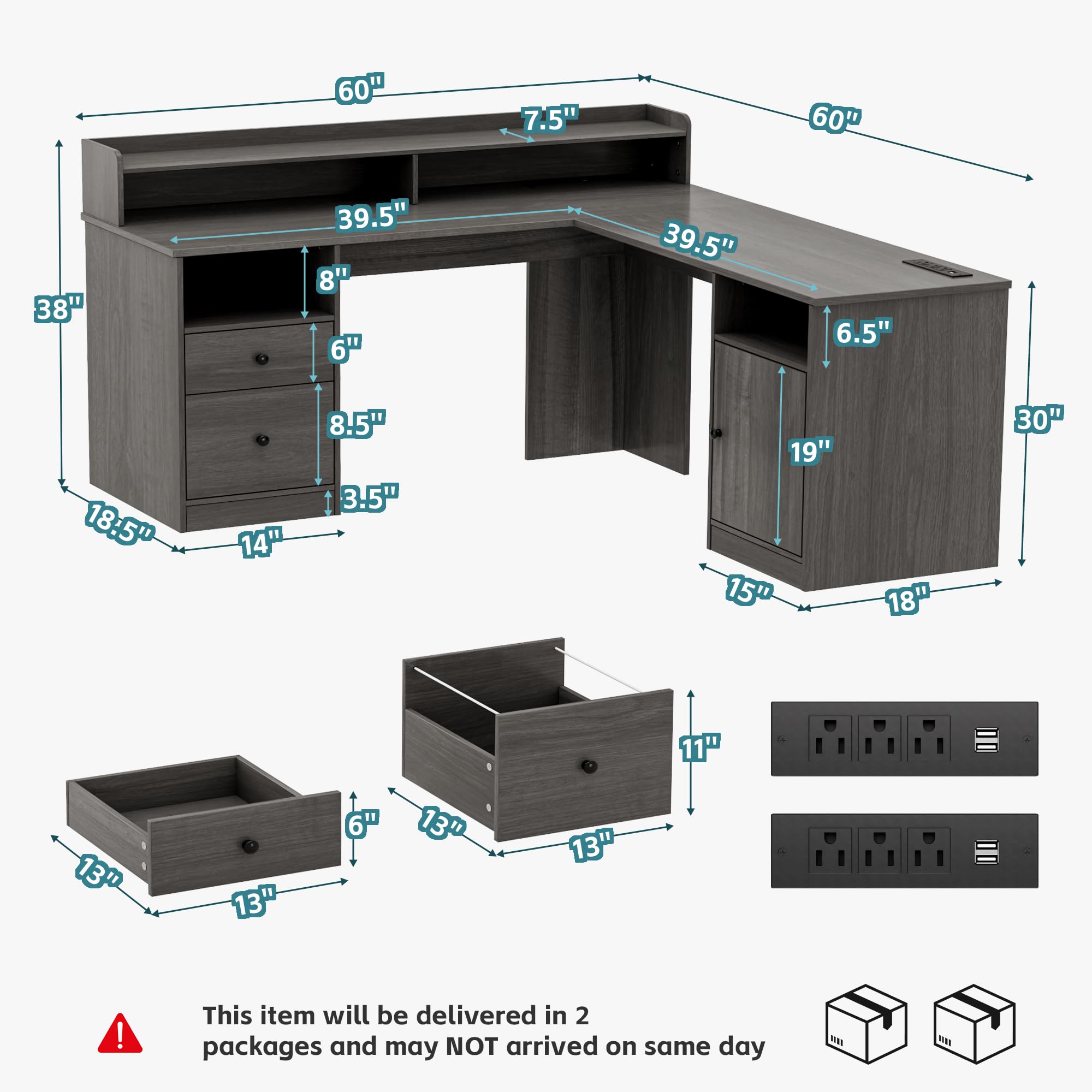 MU L Shaped Desk with LED Lights & Power Outlets, 60" Corner Computer Desk with File Drawers & Monitor Stand, Wood Home Office Desk with Storage Cabinet, Grey