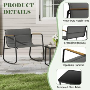 Amopatio Outdoor Table and Chair Set 3 Piece, Patio Rocking Chairs, Breathable Textilene Fabric Patio Furniture Set for Porch, Poolside, Deck, Outdoor Terrace, Balcony, Garden, Dark Grey