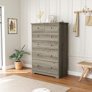 VINGLI 6 Drawer Dresser, 46.8" Tall Dresser Chest of Drawers for Bedroom, Wood Dresser with 3 Different-Sized Drawers, Rustic Grey Dresser for Living Room, Hallway, Home Office