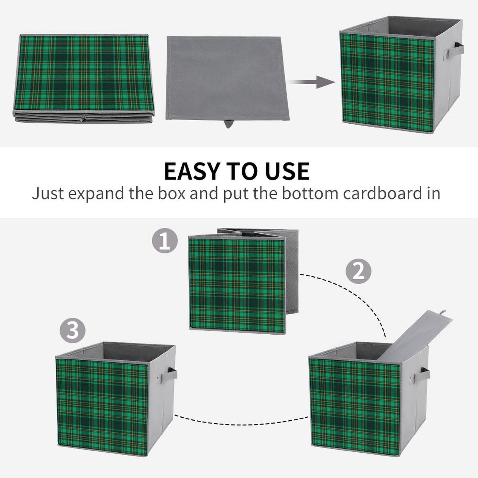 CWECVWE Fabric Storage Cubes Green Scottish Tartan Plaid, Pack of 2 Foldable Storage Bins with Handles for Organizing Pantry, Closet, Shelf, Toy Box, Cubby