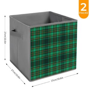 CWECVWE Fabric Storage Cubes Green Scottish Tartan Plaid, Pack of 2 Foldable Storage Bins with Handles for Organizing Pantry, Closet, Shelf, Toy Box, Cubby