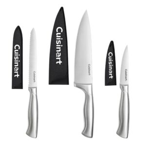 cuisinart 3-piece stainless steel knife set, includes 8" chef knife w/guard 5.5" serrated utility knife w/guard 3.5" paring knife w/guard