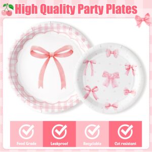 G1ngtar 96Pcs Pink Bow Party Plates Supplies - Coquette Cute Party Tableware Decorations Disposable Paper Plates Napkins Forks for Girl Bachelorette Bridal Engagement Birthday, Serves 24 Guests