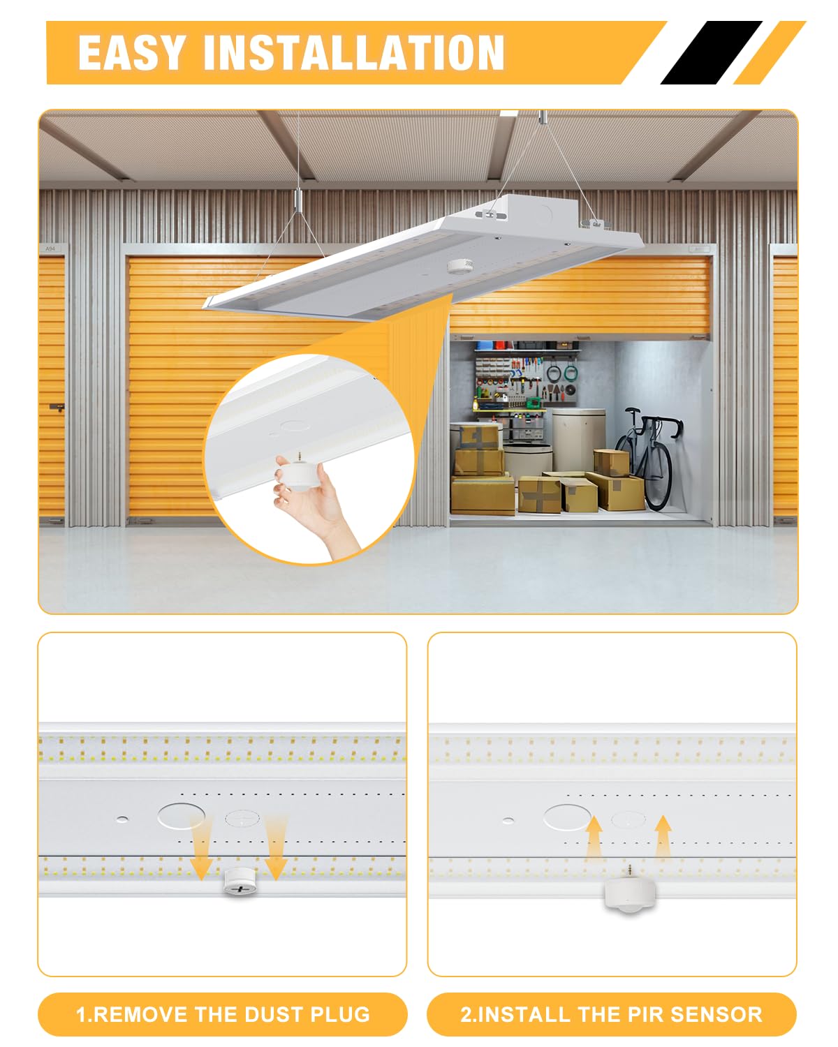 JC-LGL 300W LED Linear High Bay Light with PIR Sensor，LED High Bay Shop Lights Fixture, Compatible with Industrial 120-277V, LED Linear High Bay Light for Shop Garage Warehouse