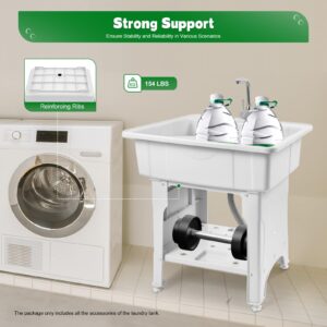 Utility Sink Laundry Tub, Freestanding Utility Sink,With Hot and Cold Faucet, Valves Drain Pipe, Heavy Duty Slop Sinks For Washing Room, Basement, Garage or Shop, Large Free Standing Wash (White)