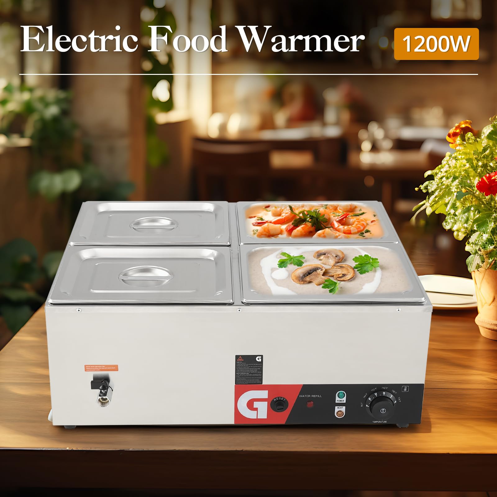 GarveeHome 4-Pan Commercial Food Warmer - 4 * 10.5QT Generous Capacity, 1200W Electric Steam Table, Stainless Steel, Efficient Heating, 86-185°F Temp Control for Catering and Restaurants