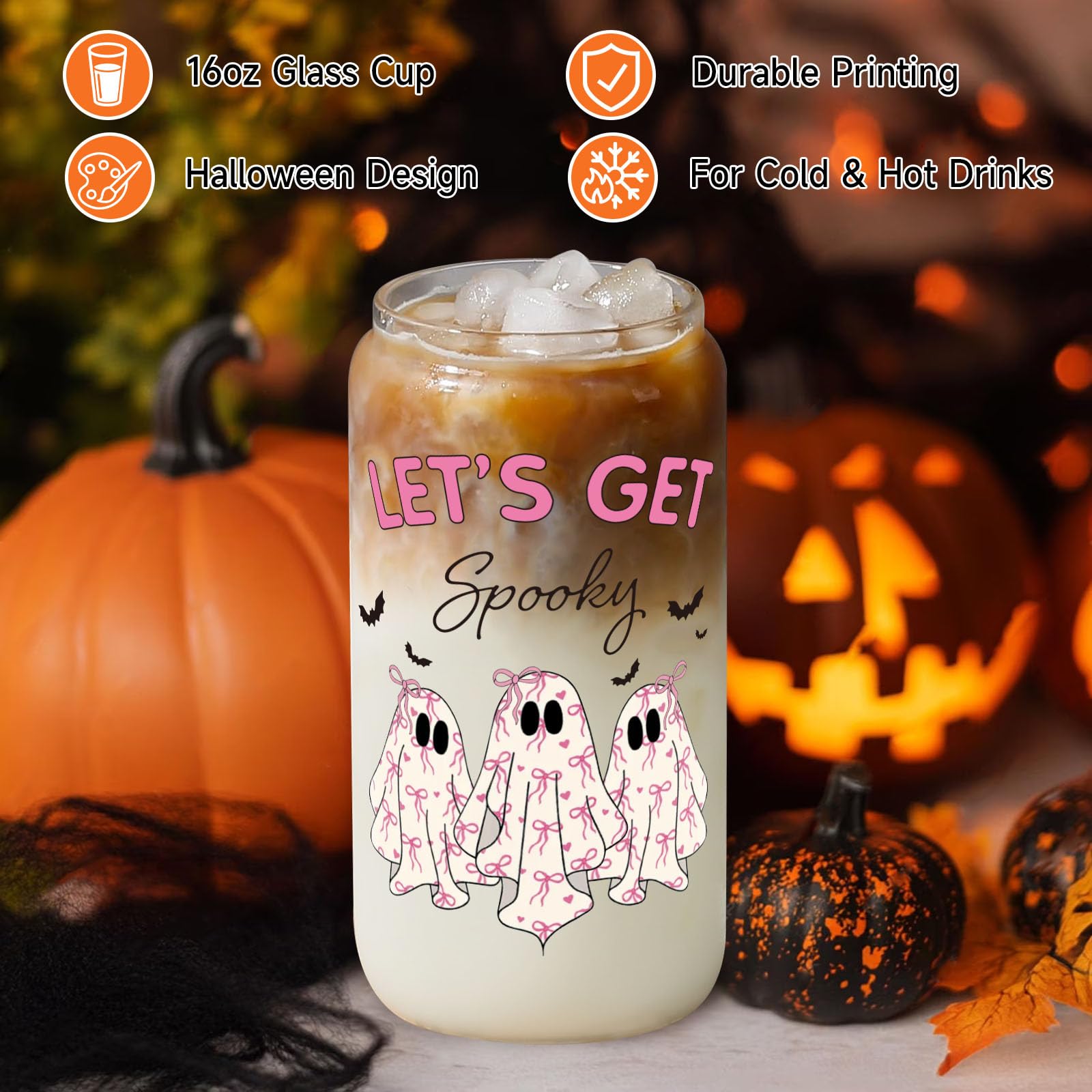 TXBOSWF Halloween Gifts for Women with Ghost,Pumpkins,bats,skulls,16 OZ Halloween Beer Can Glass Tumbler Cup with Lids and Straws,Halloween Coffee Cups Ghost Mug,Halloween Decorations