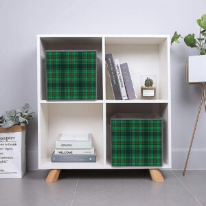 CWECVWE Fabric Storage Cubes Green Scottish Tartan Plaid, Pack of 2 Foldable Storage Bins with Handles for Organizing Pantry, Closet, Shelf, Toy Box, Cubby