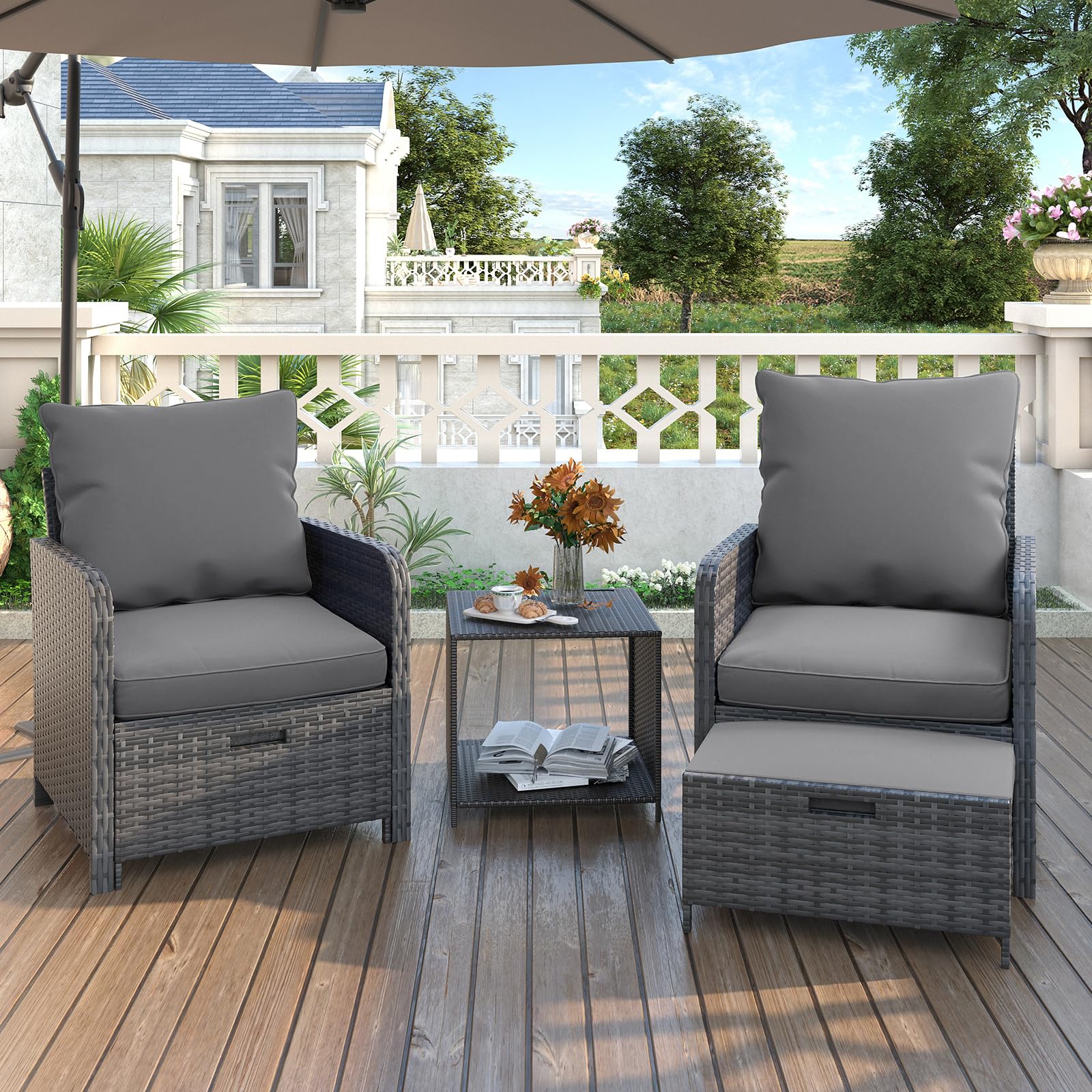 UDPATIO 5 Piece Patio Chairs with Ottoman Balcony Furniture, Wicker Outdoor Patio Furniture with Conversion Sofa Ottoman for Deck, Porch