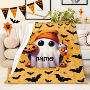 Custom Name Kids Boys Girls Throw Blanket - 40x30 Inches Small Halloween Blanket - Soft Plush Blankets for Chairs, Sofa - Orange Ghost Cute Fuzzy Throws Gifts for Decor