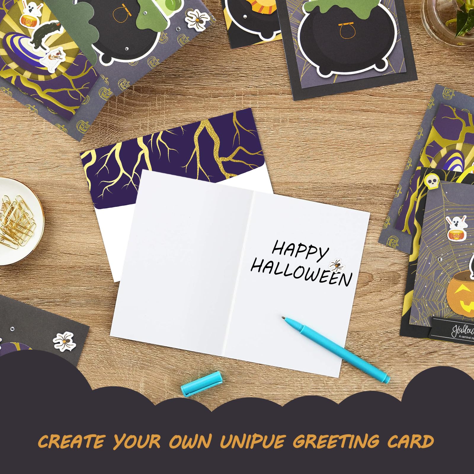 CREATIVETREES Card Making Kits Vintage Halloween DIY Greeting Card, Halloween Cards and Envelopes, Halloween Thank You Cards for Halloween Party Invitations (Black)