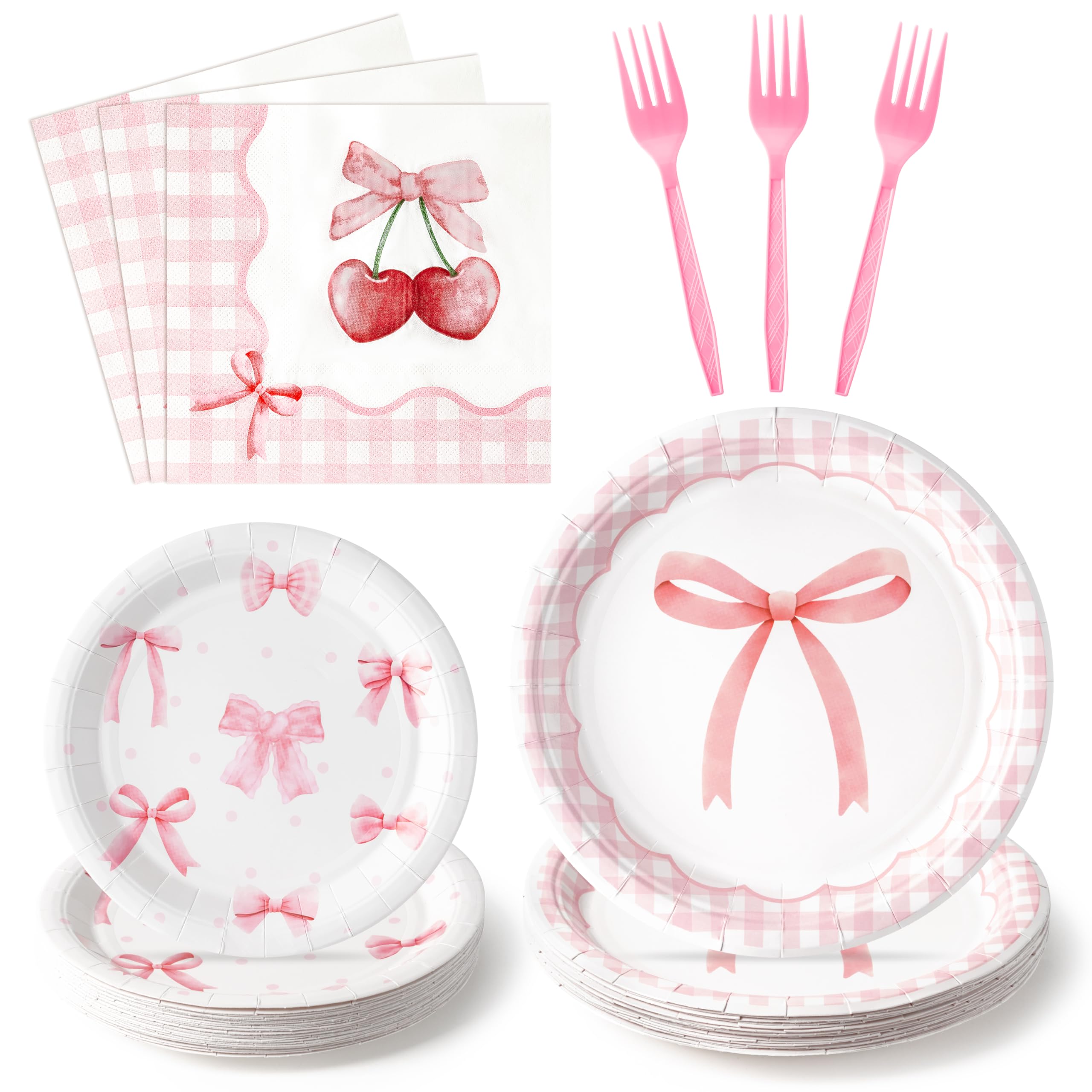 G1ngtar 96Pcs Pink Bow Party Plates Supplies - Coquette Cute Party Tableware Decorations Disposable Paper Plates Napkins Forks for Girl Bachelorette Bridal Engagement Birthday, Serves 24 Guests