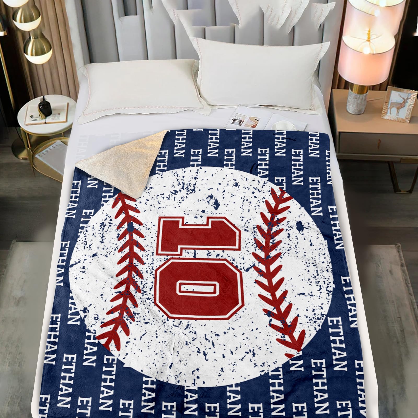 Personalized Baseball Blanket Sherpa Fleece Throw Blankets, Customized Sports Blanket for Boys Kids with Name Numbers, Double Layer Winter Blanket Christmas Birthday Gift Baseball Team Souvenirs