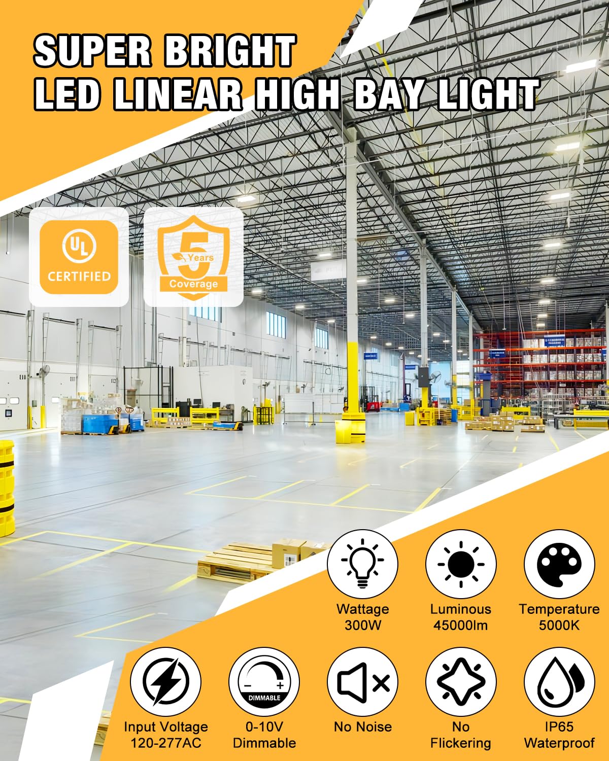 JC-LGL 300W LED Linear High Bay Light with PIR Sensor，LED High Bay Shop Lights Fixture, Compatible with Industrial 120-277V, LED Linear High Bay Light for Shop Garage Warehouse