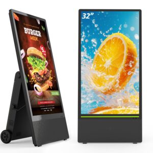 32" outdoor portable digital signage with rechargeable 1200wh battery and wheels, lcd touch screen digital kiosk with ip65 waterproof, android 11