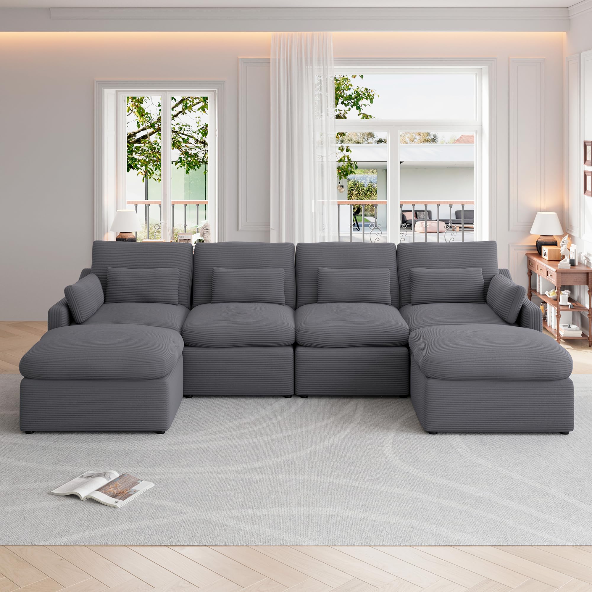 ISHUHL Modular Sectional Sofa, 124.41" U Shaped Couch with Corduroy, Convertible 6 Seat Cloud Couch with Ottomans, Dark Grey Oversized Sectional Couches for Living Room