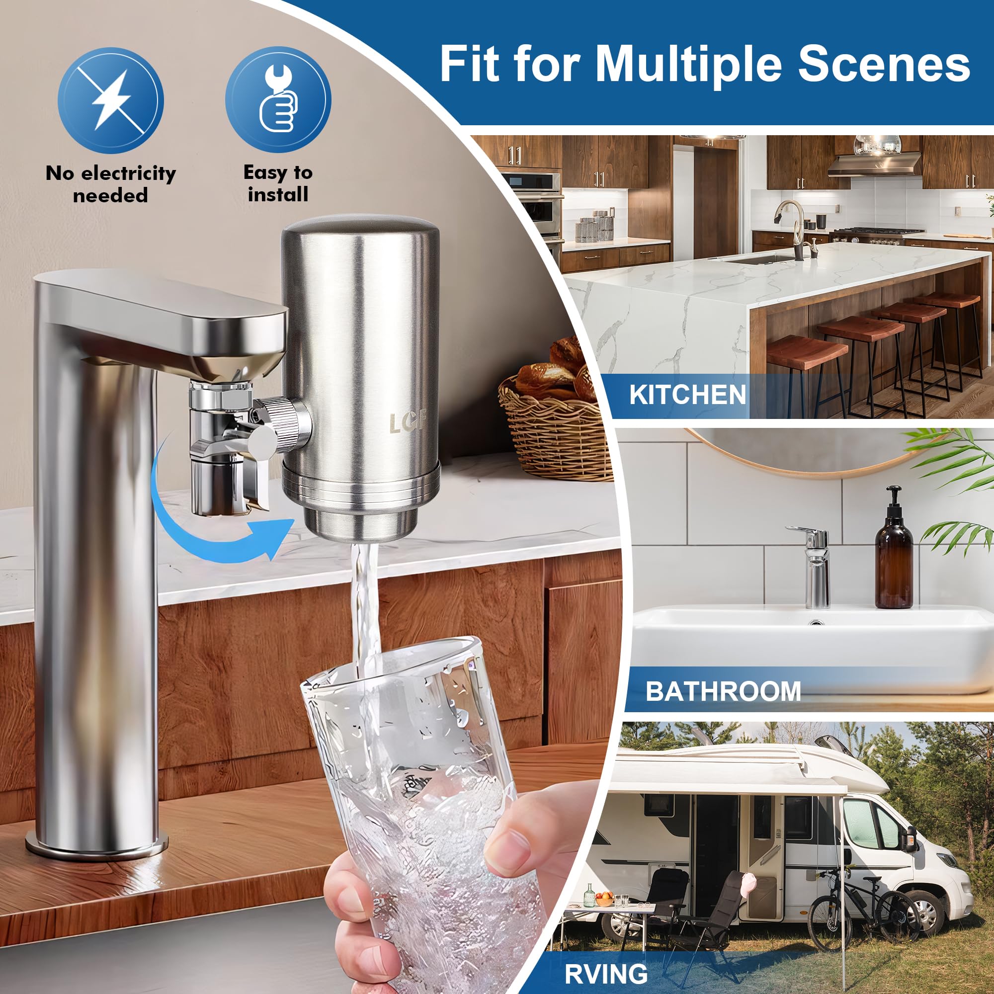 LCF 360° Rotating Stainless-Steel Faucet Water Filter - High Flow, Mineral-Enhanced Tap Water Filter, Reduces Chlorine, Heavy Metals and Bad Taste, Easy Install, 320 Gallons, Kitchen Sink Ideal