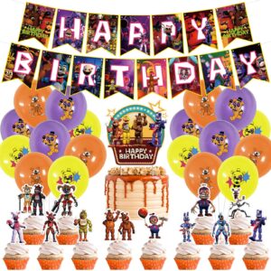 freddy's birthday party decorations, 5 nights decorations include banner,cake toppers, balloons for kids baby shower birthday party supplies (purple)