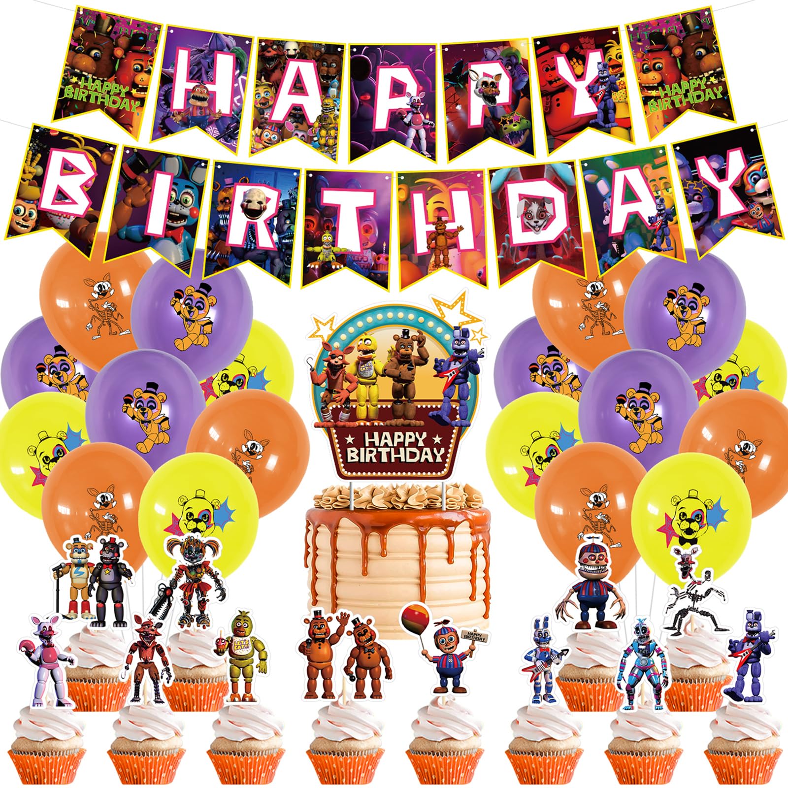 Freddy's Birthday Party Decorations, 5 Nights Decorations include Banner,Cake Toppers, Balloons for Kids Baby Shower Birthday Party Supplies (Purple)