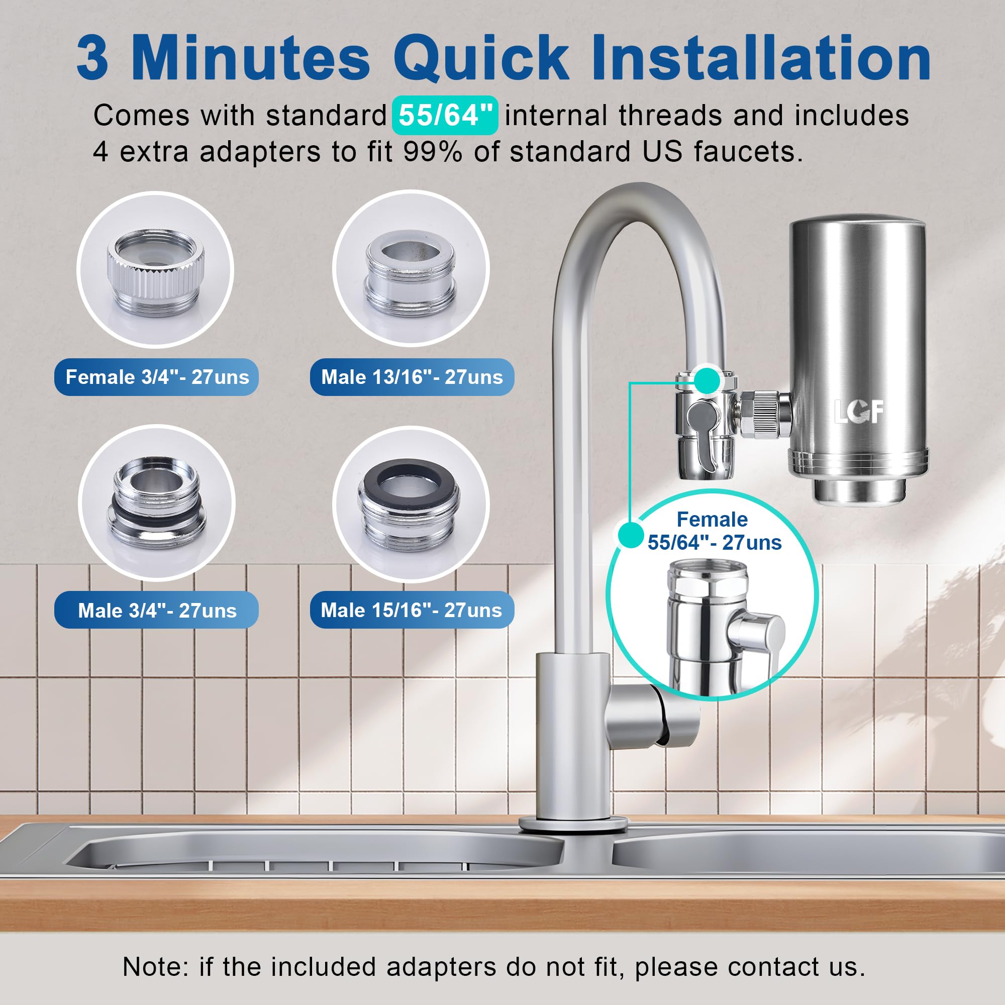 LCF 360° Rotating Stainless-Steel Faucet Water Filter - High Flow, Mineral-Enhanced Tap Water Filter, Reduces Chlorine, Heavy Metals and Bad Taste, Easy Install, 320 Gallons, Kitchen Sink Ideal