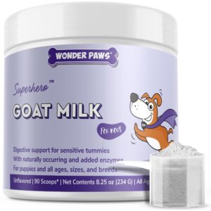 wonder paws premium goat milk powder for dogs –- goat milk for dogs to support digestion, immune health & allergies – goat’s milk with probiotics for dogs of all ages, sizes & breeds – 8.25 oz