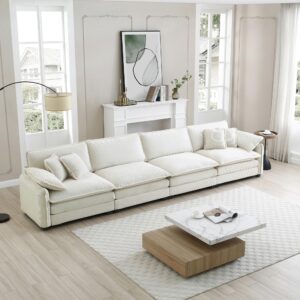 aoowow modern modular sectional sofa,150.4 inch corduroy upholstered 4-seater sofa comfy cloud deep seat couches with 4 throw pillows and 2 armrest pillows for living room bedroom apartment(beige)