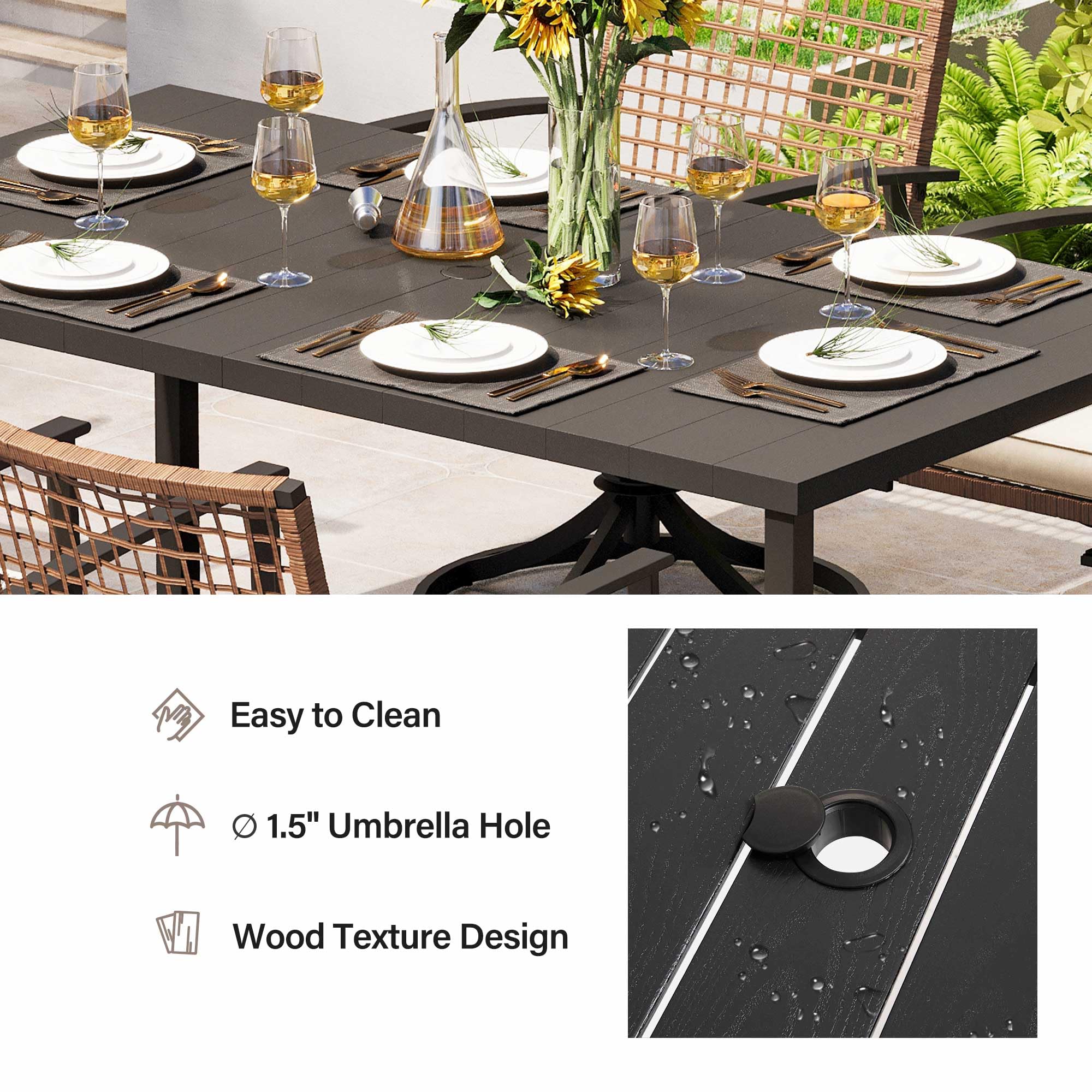 LAUSAINT HOME 7 Pieces Patio Dining Set, Outdoor Furniture Set of 6 Swivel Chairs with Soft Cushion and Iron Slats Table Top with Umbrella Hole, Conversation Set for Backyard