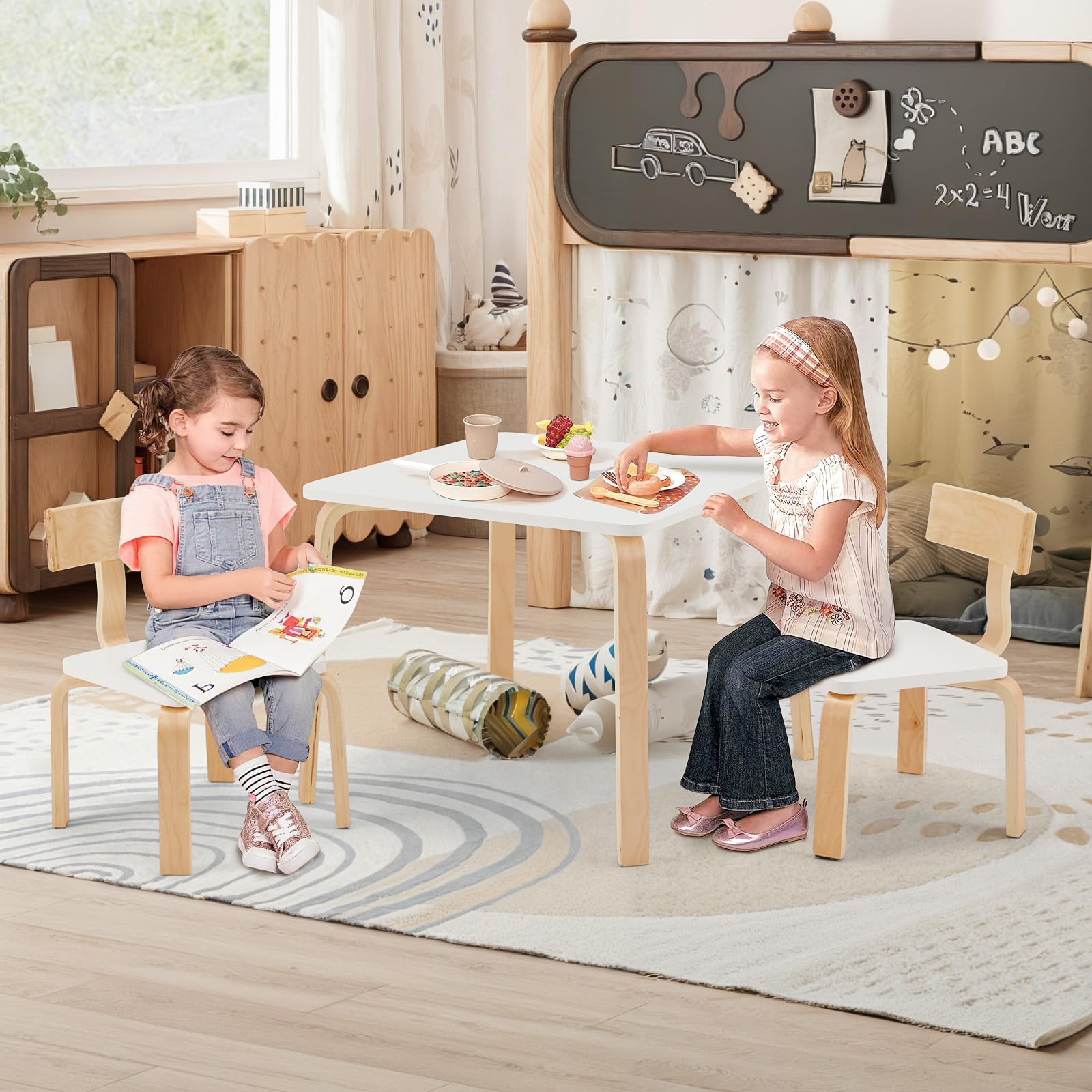 Danrelax Kids Table and Chairs Set - Children Activity Table w/ 2 Chairs, Kids Desk and Chair Set with Durable Birch Veneer, Playroom Daycare Furniture for Drawing, Reading, White Solid Wood