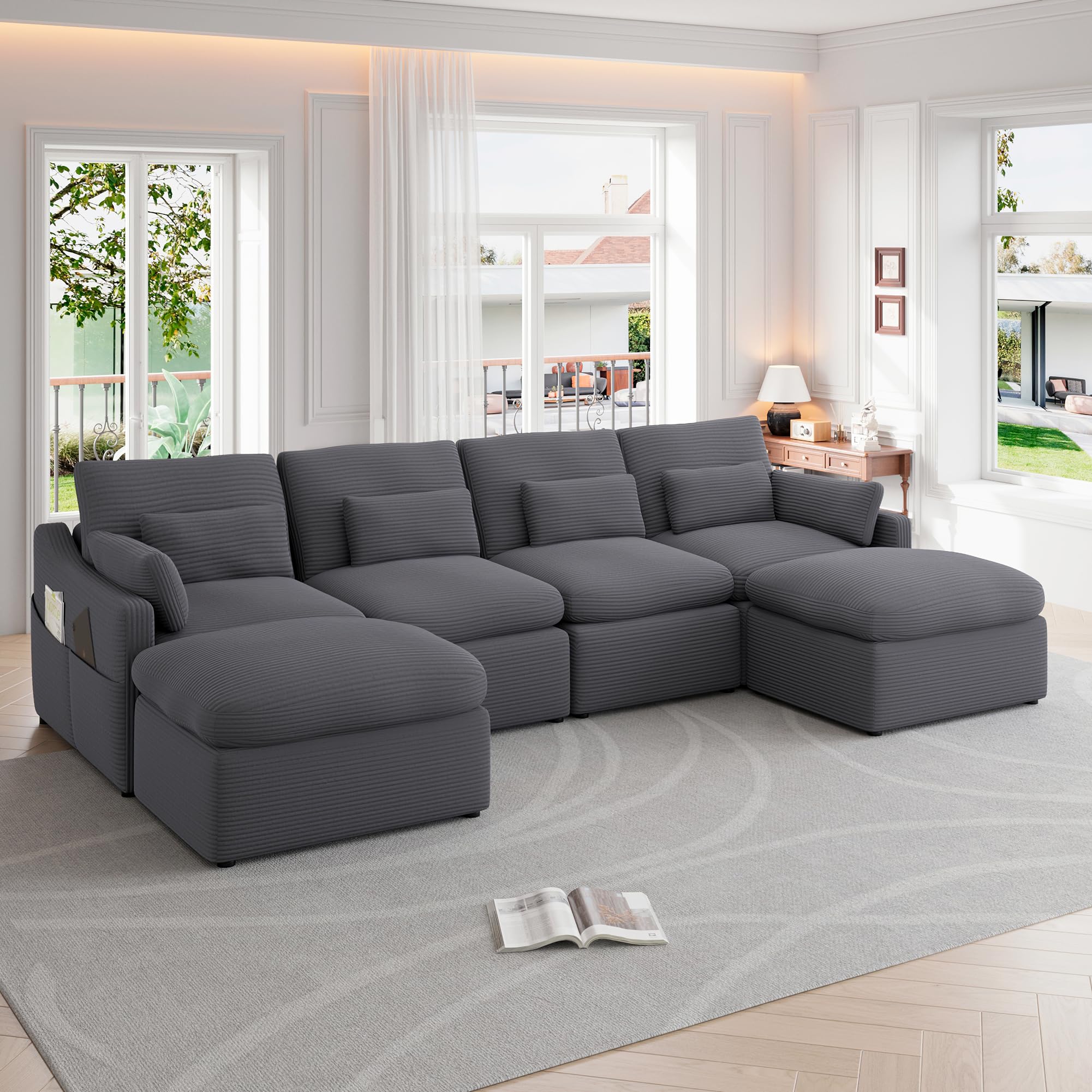 ISHUHL Modular Sectional Sofa, 124.41" U Shaped Couch with Corduroy, Convertible 6 Seat Cloud Couch with Ottomans, Dark Grey Oversized Sectional Couches for Living Room