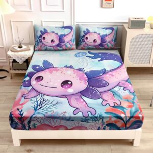 uevbf cute axolotl bedding set full size,color axolotl waterweed jellyfish pattern toddler bed fitted sheet set,ocean life bedding sets for kids girls room decor,1 fitted sheet+2 pillowcases.