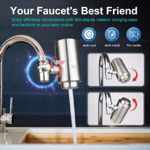 LCF 360° Rotating Stainless-Steel Faucet Water Filter - High Flow, Mineral-Enhanced Tap Water Filter, Reduces Chlorine, Heavy Metals and Bad Taste, Easy Install, 320 Gallons, Kitchen Sink Ideal