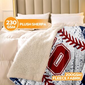 Personalized Baseball Blanket Sherpa Fleece Throw Blankets, Customized Sports Blanket for Boys Kids with Name Numbers, Double Layer Winter Blanket Christmas Birthday Gift Baseball Team Souvenirs