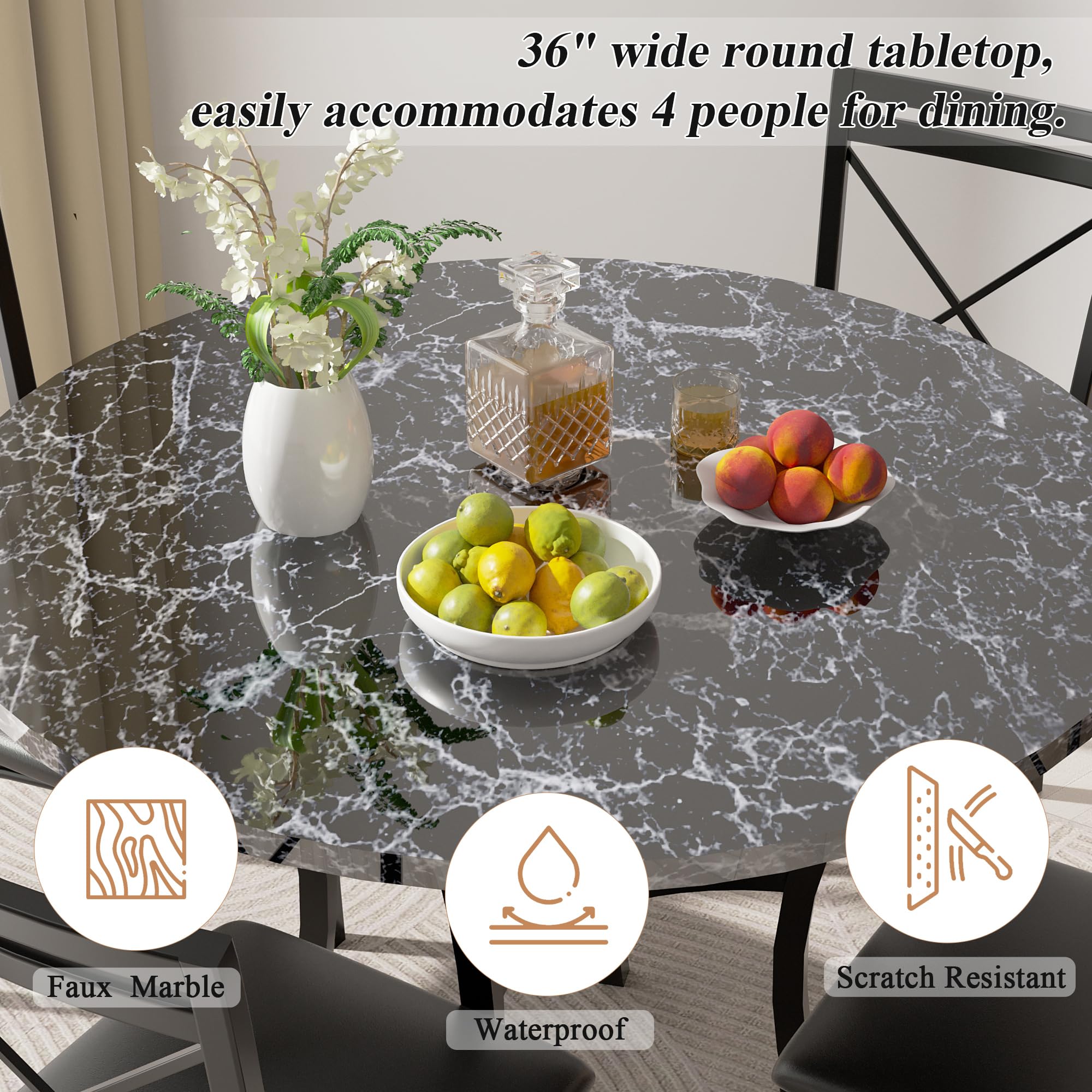 VECELO 36" Round Dining Table for 4, Faux Marble Dinette with Metal Frame for Kitchen, Apartment, Home, Space-Saving, Grey