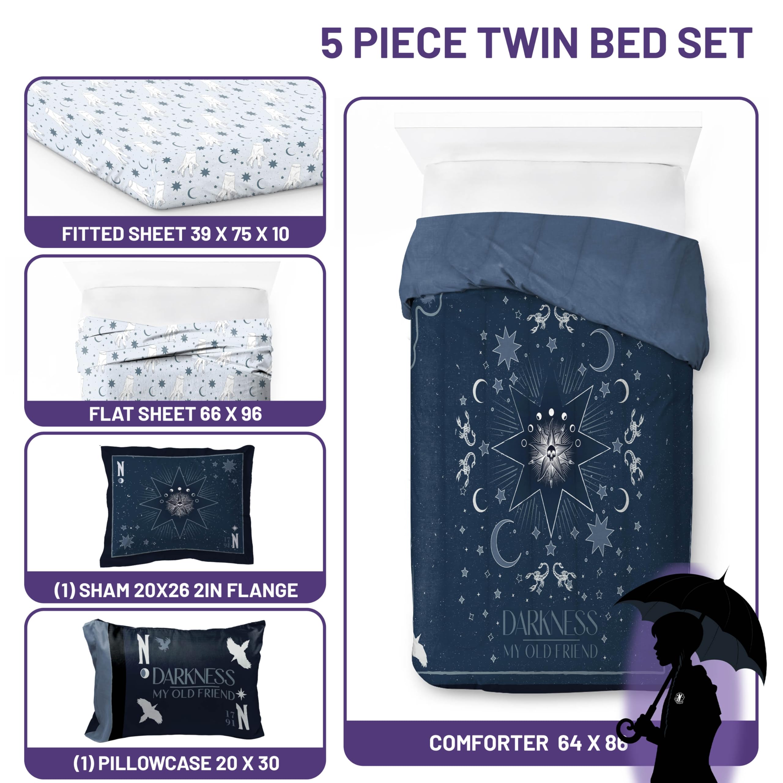 Jay Franco Wednesday Addams Twin Size Comforter Set - 5 Piece Bedding Includes Sheet Set & Pillow Covers - Blue Stars Super Soft Cozy Bedding