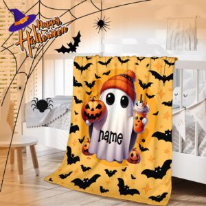 Custom Name Kids Boys Girls Throw Blanket - 40x30 Inches Small Halloween Blanket - Soft Plush Blankets for Chairs, Sofa - Orange Ghost Cute Fuzzy Throws Gifts for Decor