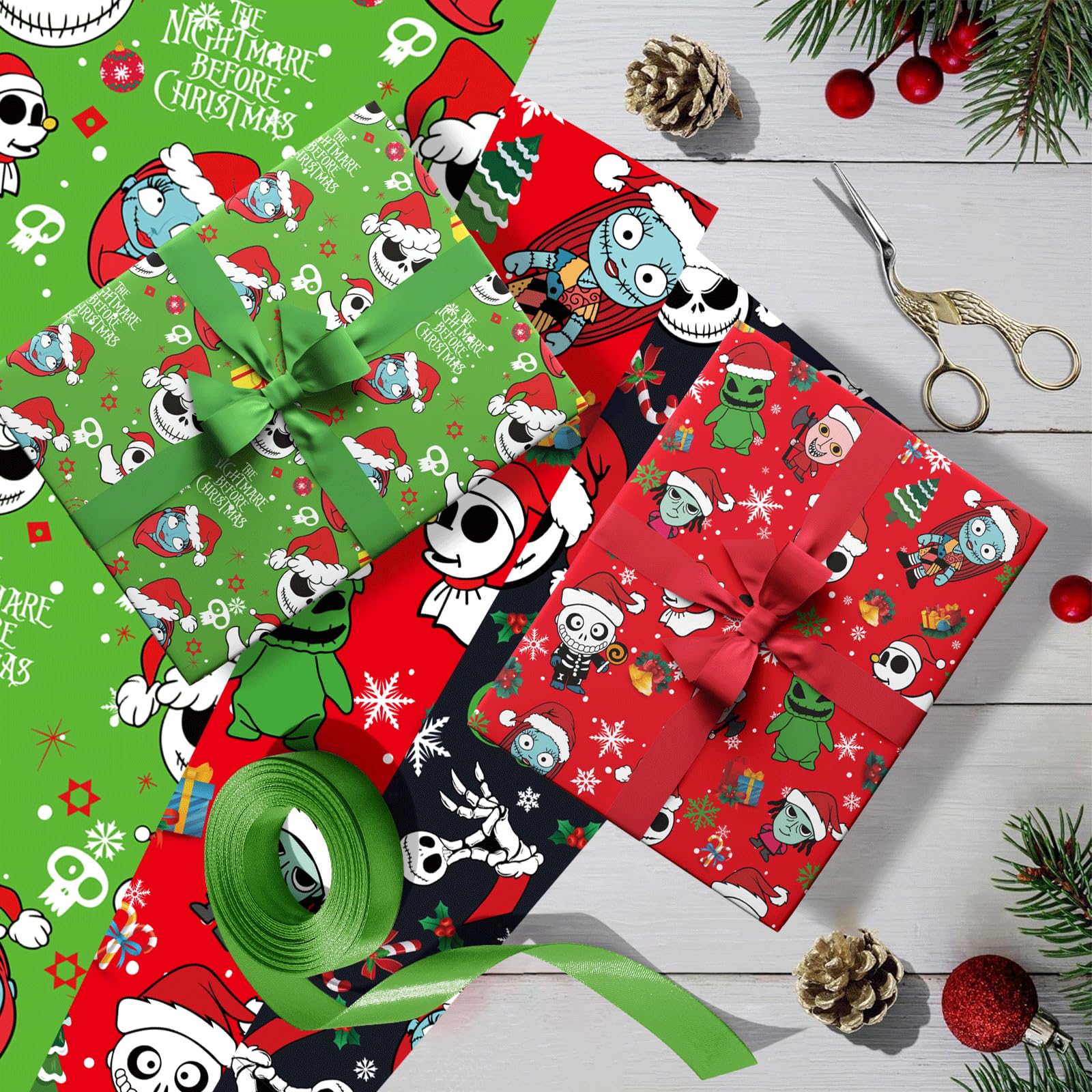 VDESFUEBY 12 Sheets Folded Christmas Wrapping Paper, Nightmare Before Christmas Gift Wrapping Paper for Baby Shower Nightmare Before Christmas Decor Xmas Holiday Crafts Gift Packing, 20 x 30 Inch