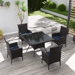 rwnnad 5-piece patio outdoor dining set, patio wicker furniture dining sets of 4 rattan chairs with soft cushions and square table with umbrella cutout, navy blue