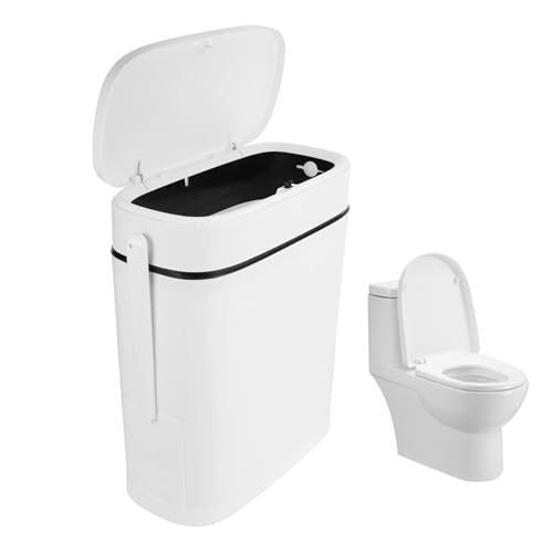 BEAHING Bathroom Bin with Toilet Brush Holder 14L Slim Trash Can White Wastebasket Garbage Bin with Press Top Lid for Kitchen Rubbish bin