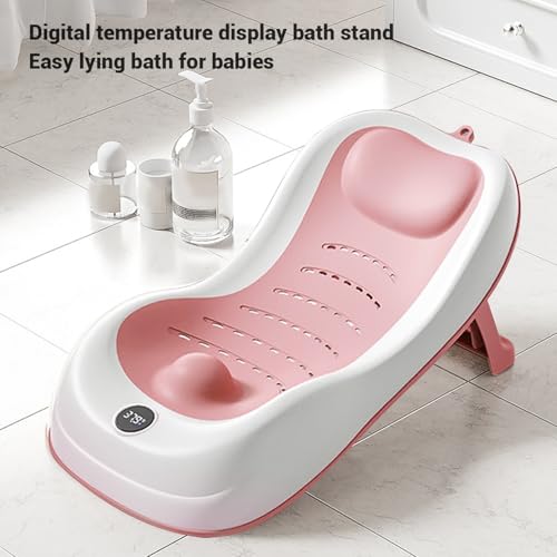 Baby Bath Support with Smart Temperature Sensing Technology, Soft and Supportive Design, Compatible with Most Baby Tubs, Anti Slip Bottom, Easily Foldable (Pinkish)