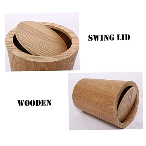 Wooden Rubbish Bin for Hotel Wood Waste Bin with Swing Lid Round Trash Can Kitchen Garbage Basket for Bedroom