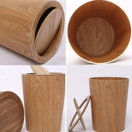 Jeorywoet Wood Waste Bin with Swing Lid Round Trash Can Kitchen Garbage Basket for Bedroom, Wood Trash Can