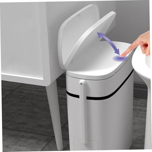 BEAHING Bathroom Bin with Toilet Brush Holder 14L Slim Trash Can White Wastebasket Garbage Bin with Press Top Lid for Kitchen Rubbish bin